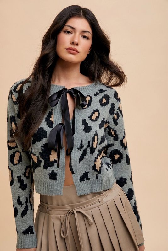 LEOPARD CARDI WITH SATIN BOWS