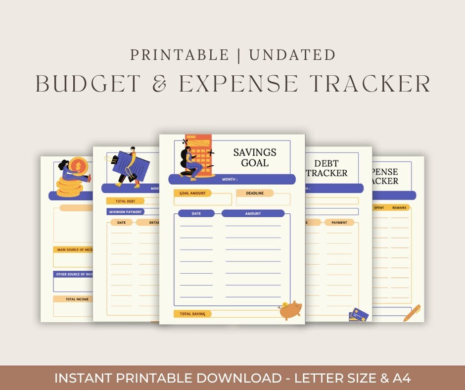 Monthly Budget Planner and Expense Tracker. Savings Challenge Printable.