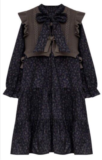 Printed Bottom Tiered Dress With Knit Vest