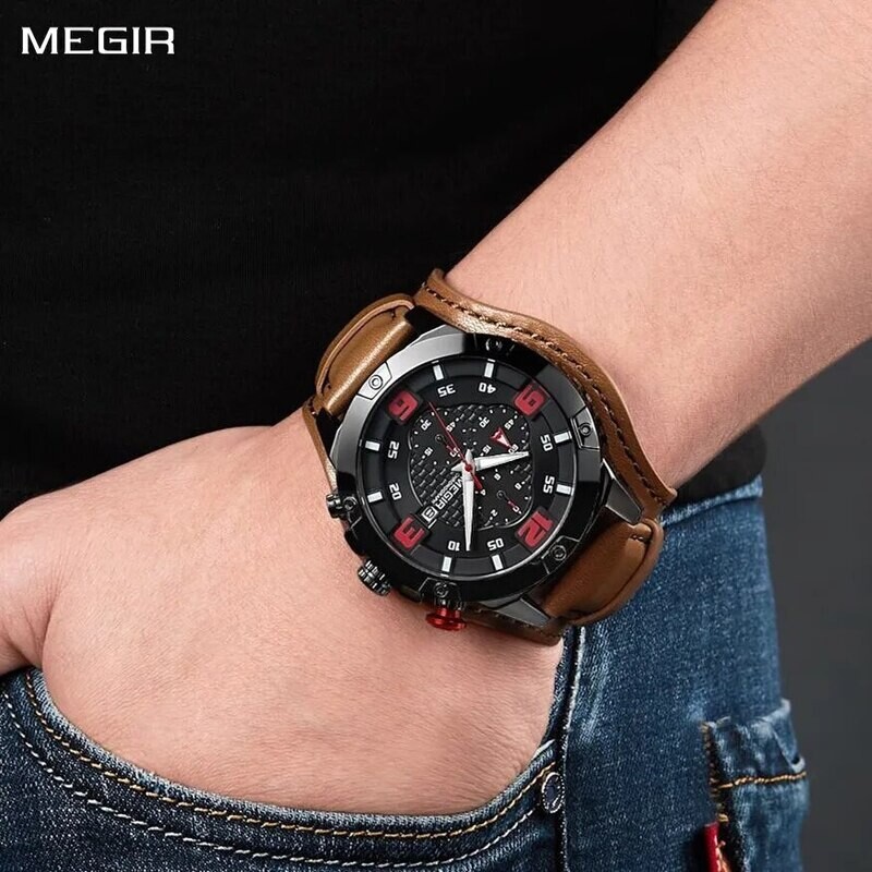 MEGIR Large Dial Watches for Men Luxury Brand Sports Chronograph Clock ...