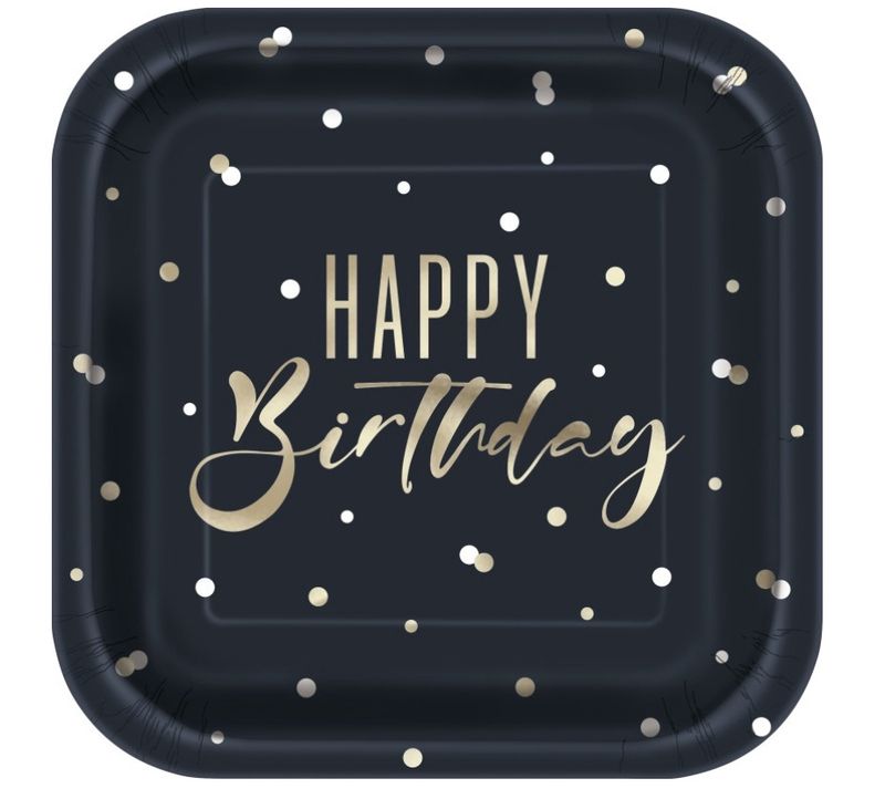 Gold “Happy Birthday” Square Dessert Plates – 7", 8ct (Foil Stamping)