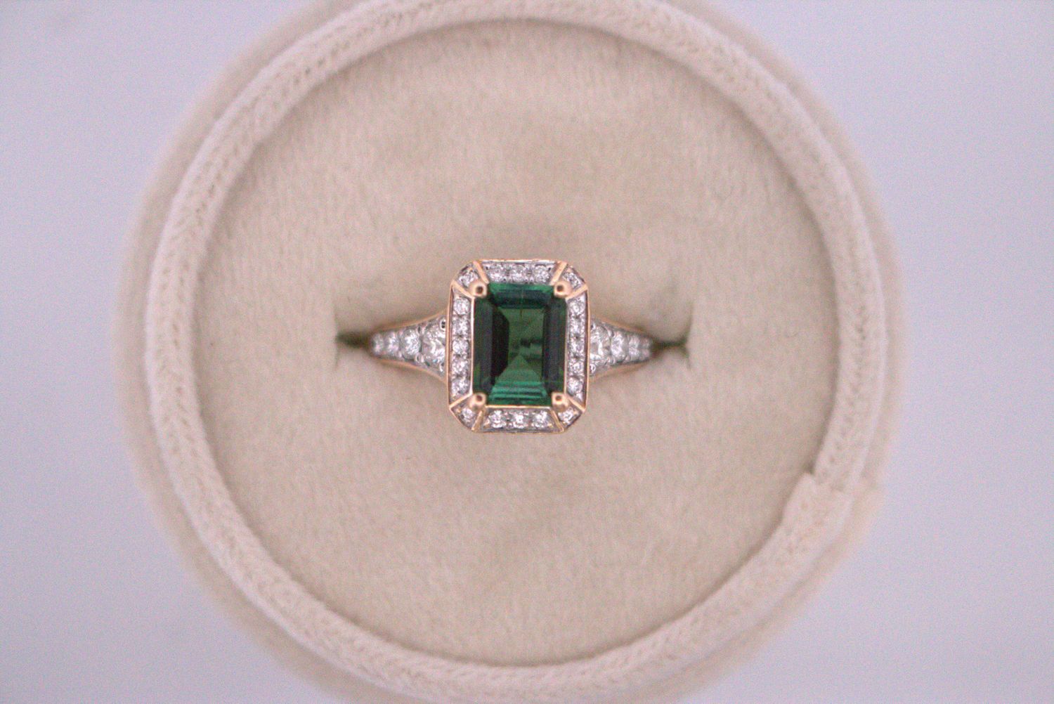 14ky 1.5ct Emerald Cut Green Tourmaline & 5/8ct Diamond Halo Ring ...