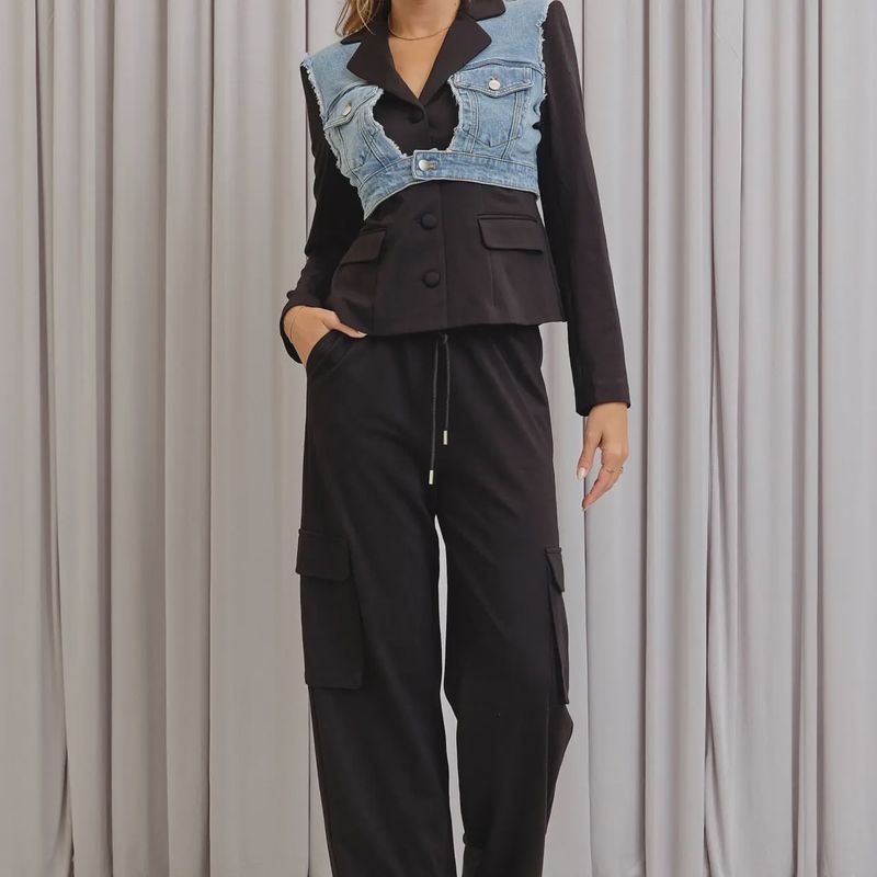 Mona Mixed Fabric Denim Jacket and Pants Set