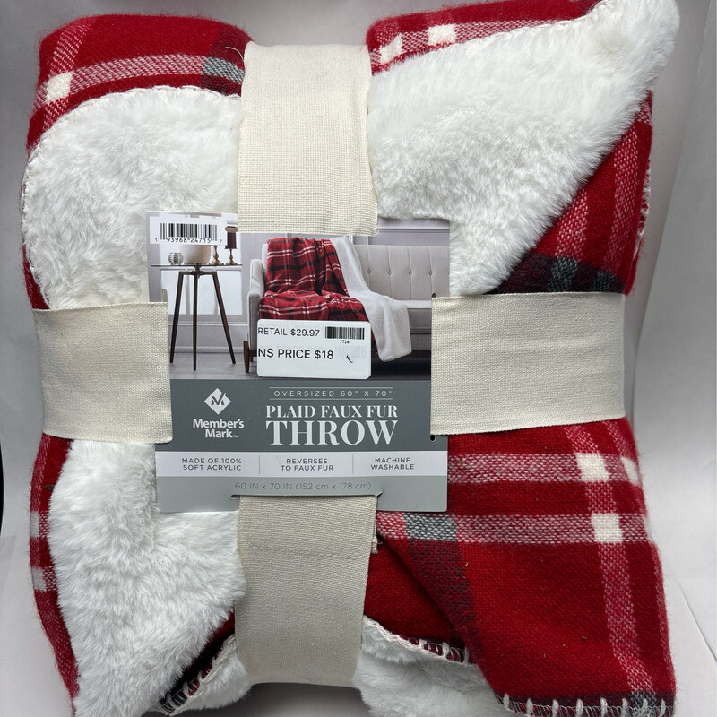 Red Members Mark Member's Mark Plaid Faux Fur Throw, 60"x70"