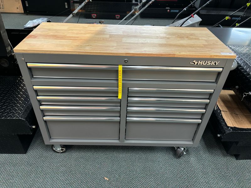 Husky Tool Storage 46 in. W Gloss Gray Mobile Workbench Cabinet ...