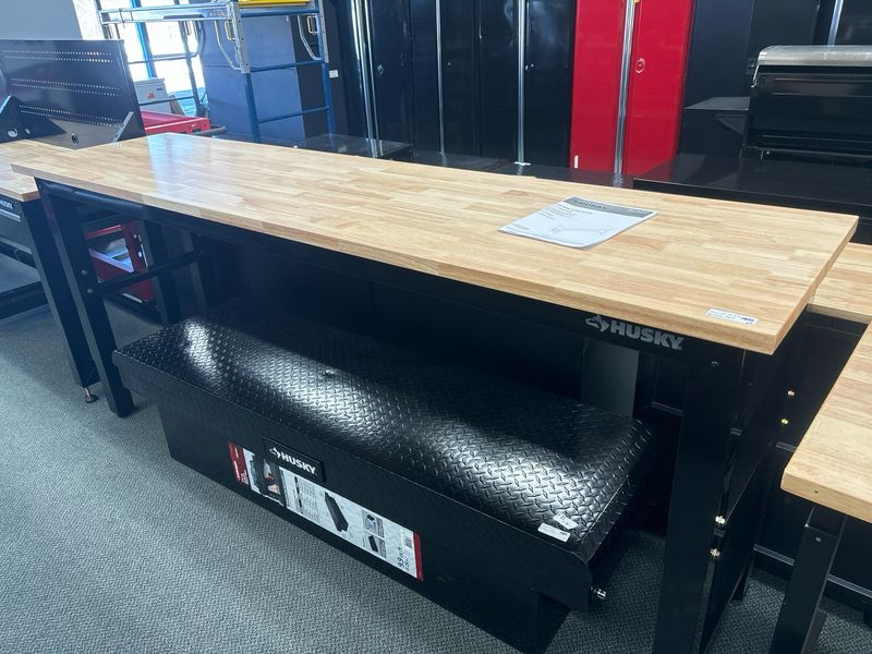 Husky 96 in. W x 24 in. D Adjustable Height Black Workbench, Solid Wood ...