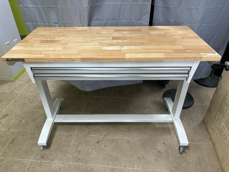 Husky 52 in. W x 24 in. D 2-Drawer Adjustable Height White Workbench ...