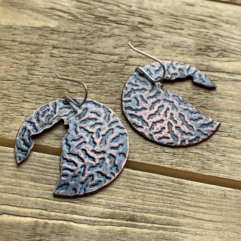 Copper Earrings - Howling Wolves with Dark Patina