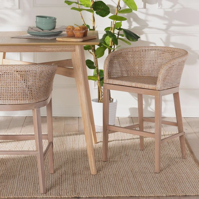Papua Modern Bohemian Natural Rattan and Acacia Wood Counter Stool