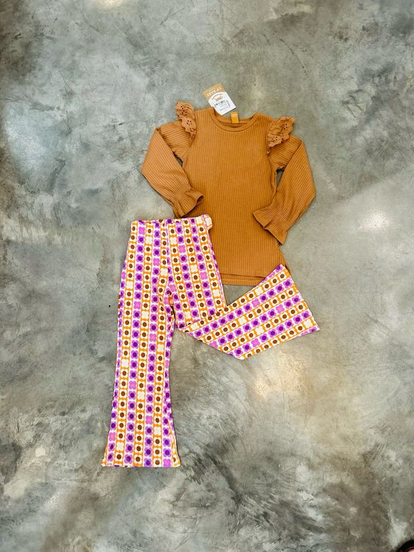 Girls Brown Ribbed Top and Pant Set