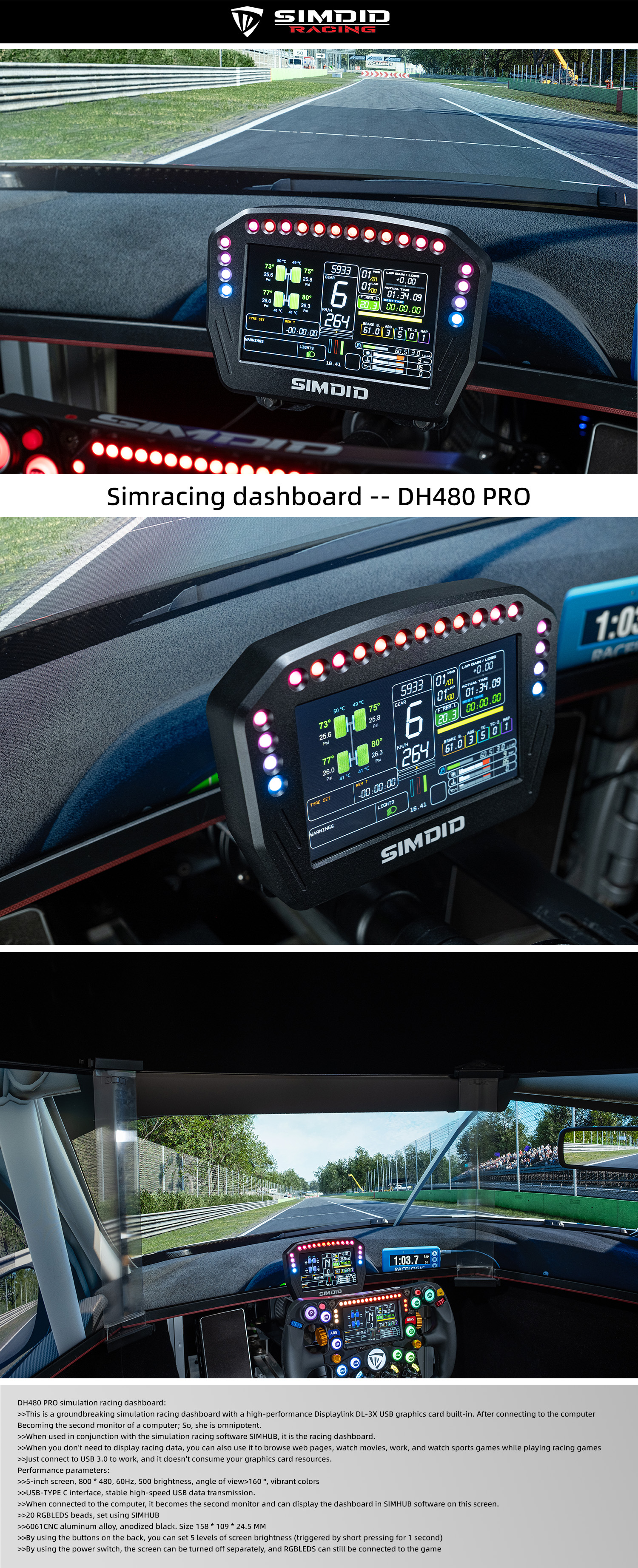 SIMDID 5''TFT Simracing Dashboard DH480 PRO